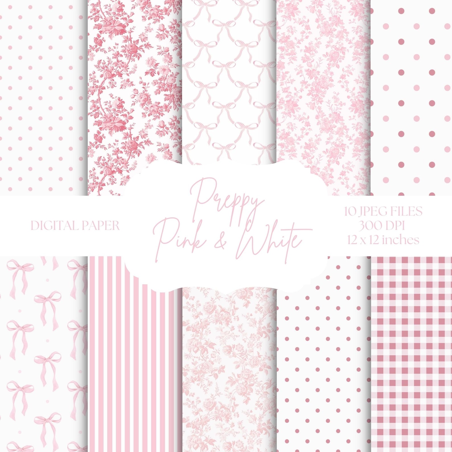 Pink Toile Digital Paper, Coquette Bow Patterns, Preppy Backgrounds ...
