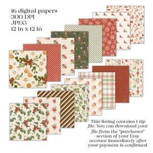 Vintage Christmas Digital Paper, Red and Green Scrapbook Paper Set ...
