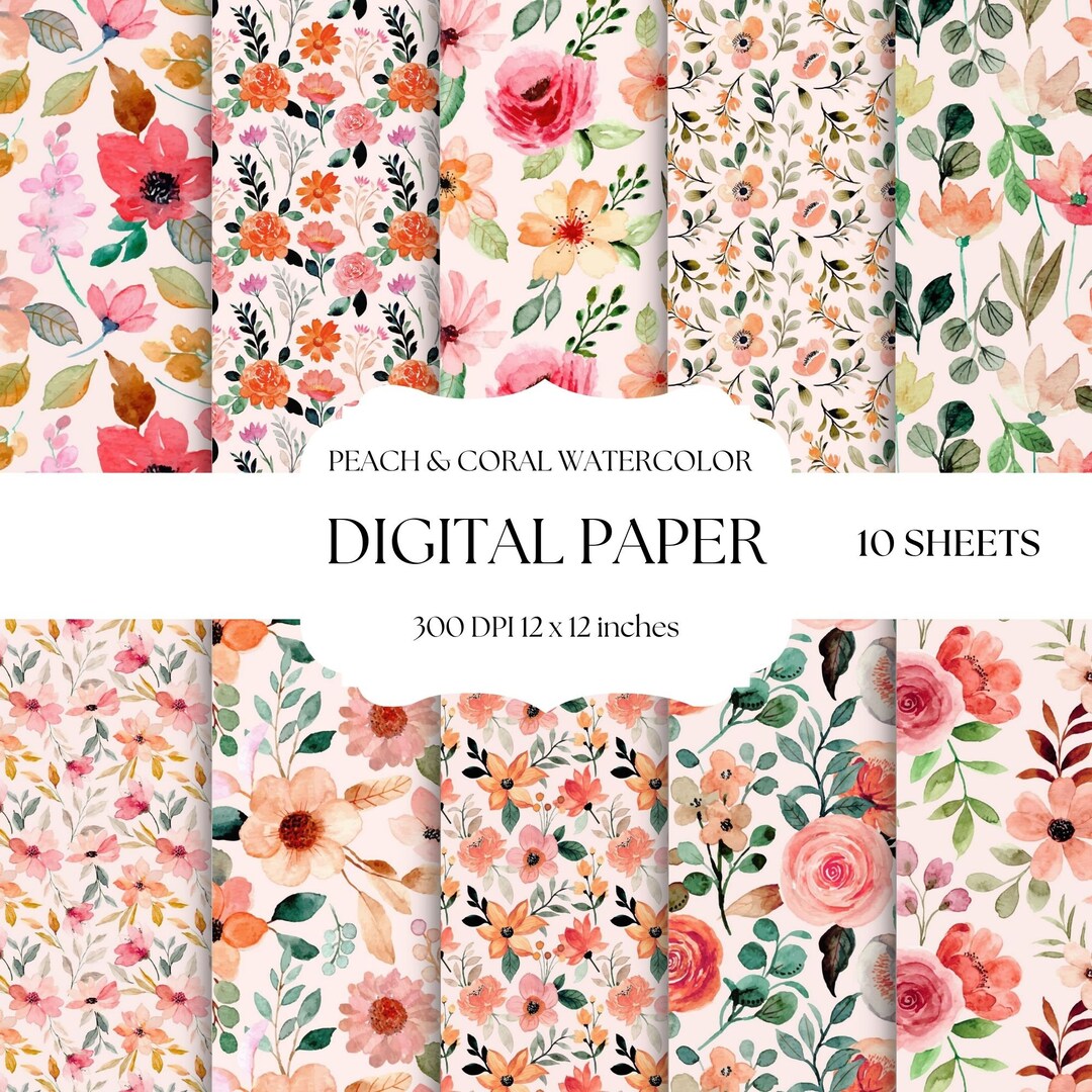 Peach and Coral Digital Paper, Watercolor Floral Backgrounds, Flower ...