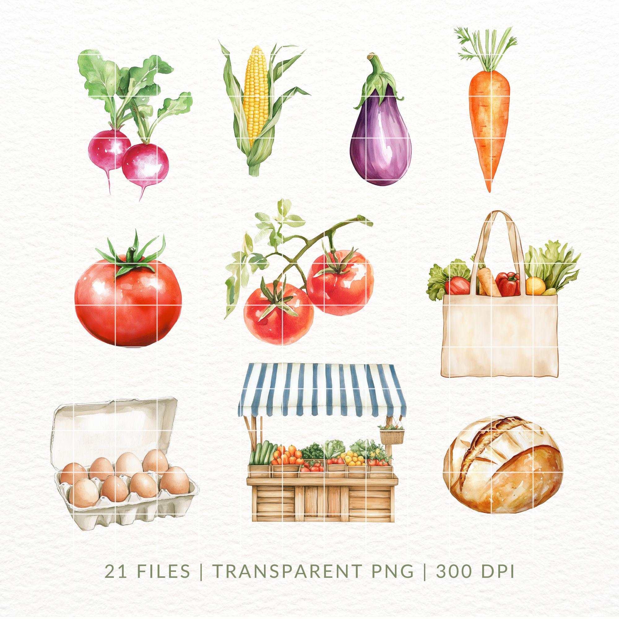 Farmers Market Clipart, Watercolor Fruit & Vegetables, Garden PNG ...