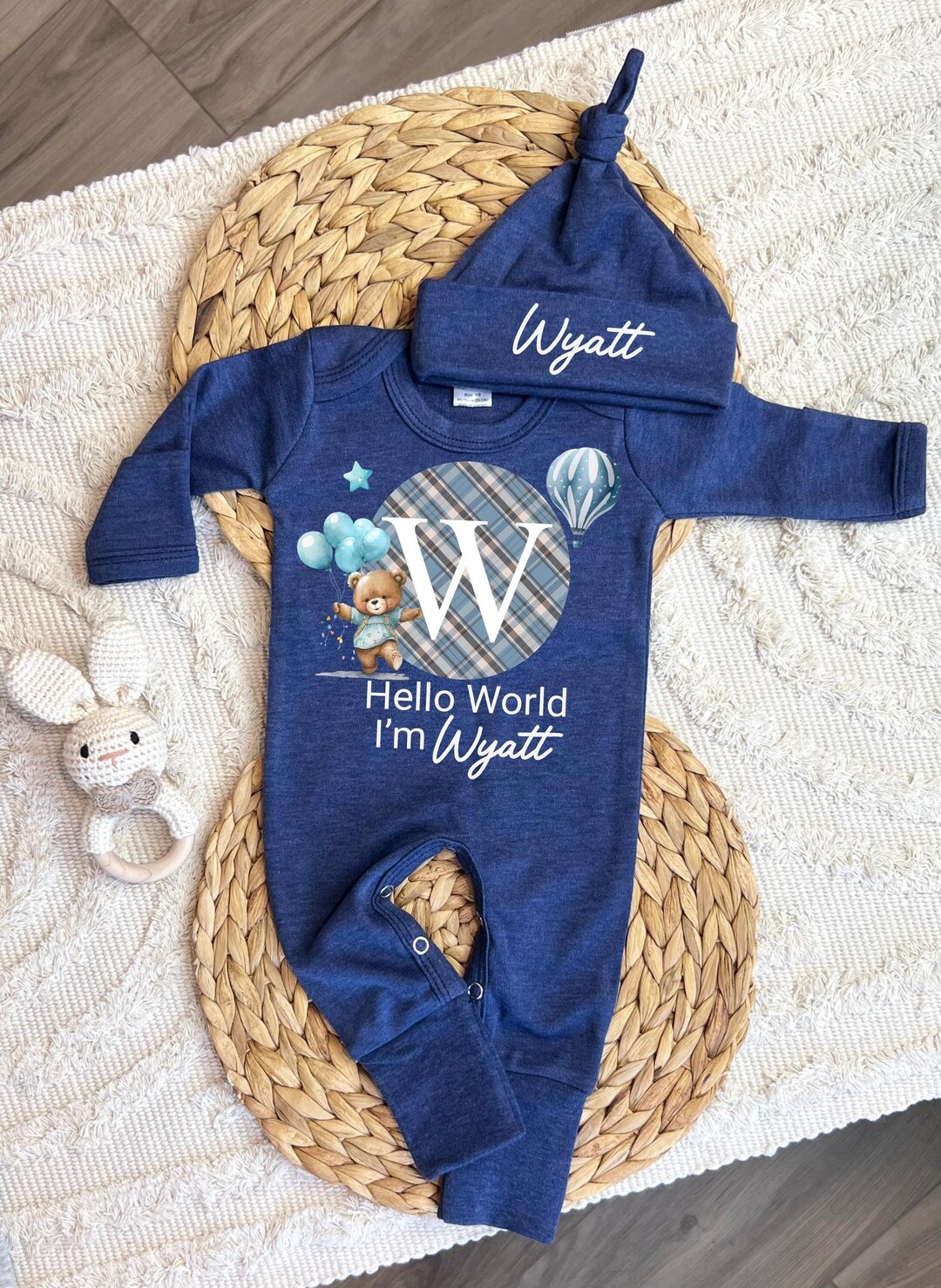 Personalized Baby Boy Outfit, Hello World Romper Hat Set - Etsy