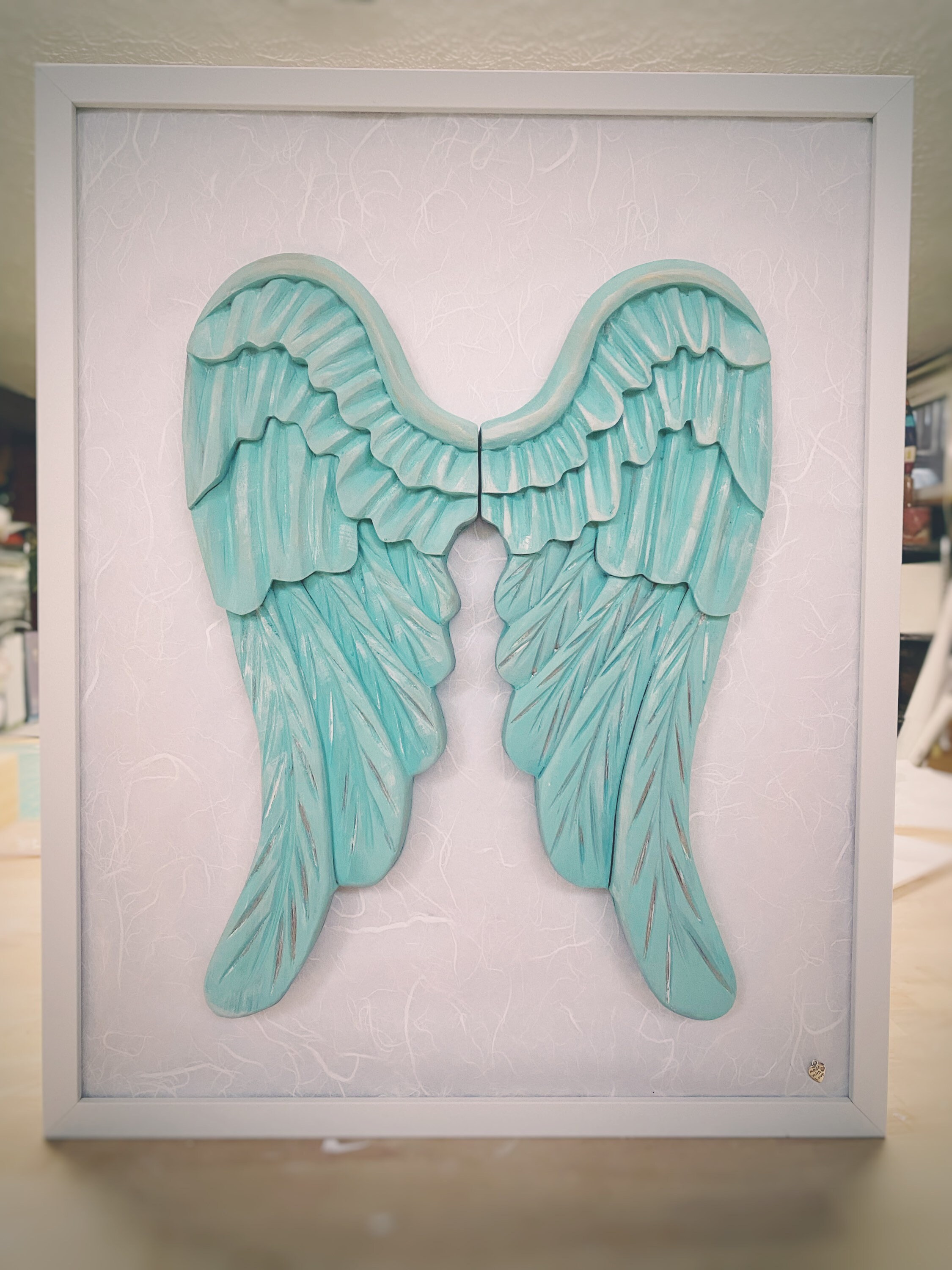 Turquoise Angel Wings White Frame Mulberry Paper Background Hand Carved ...