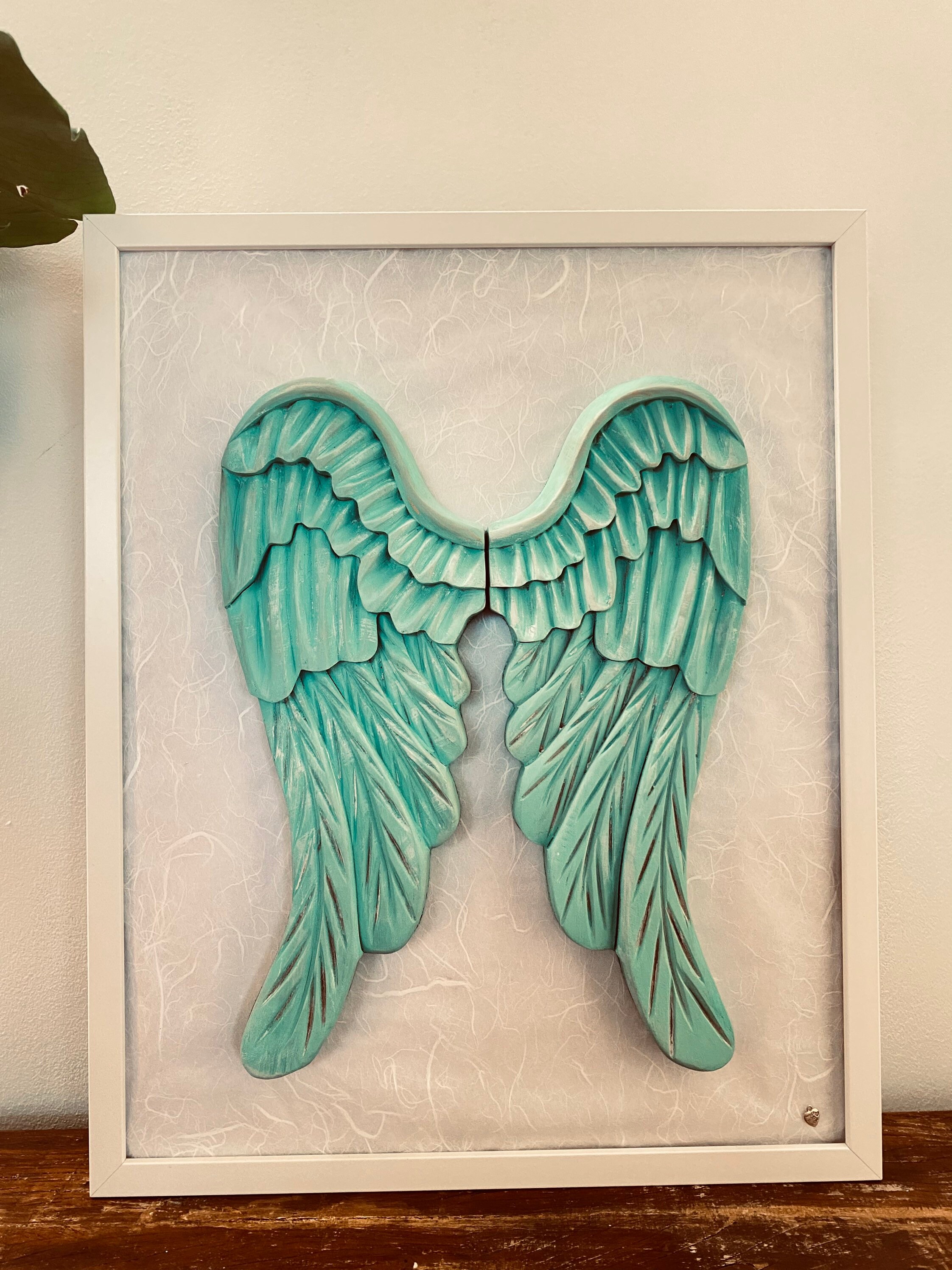 Turquoise Angel Wings White Frame Mulberry Paper Background Hand Carved ...