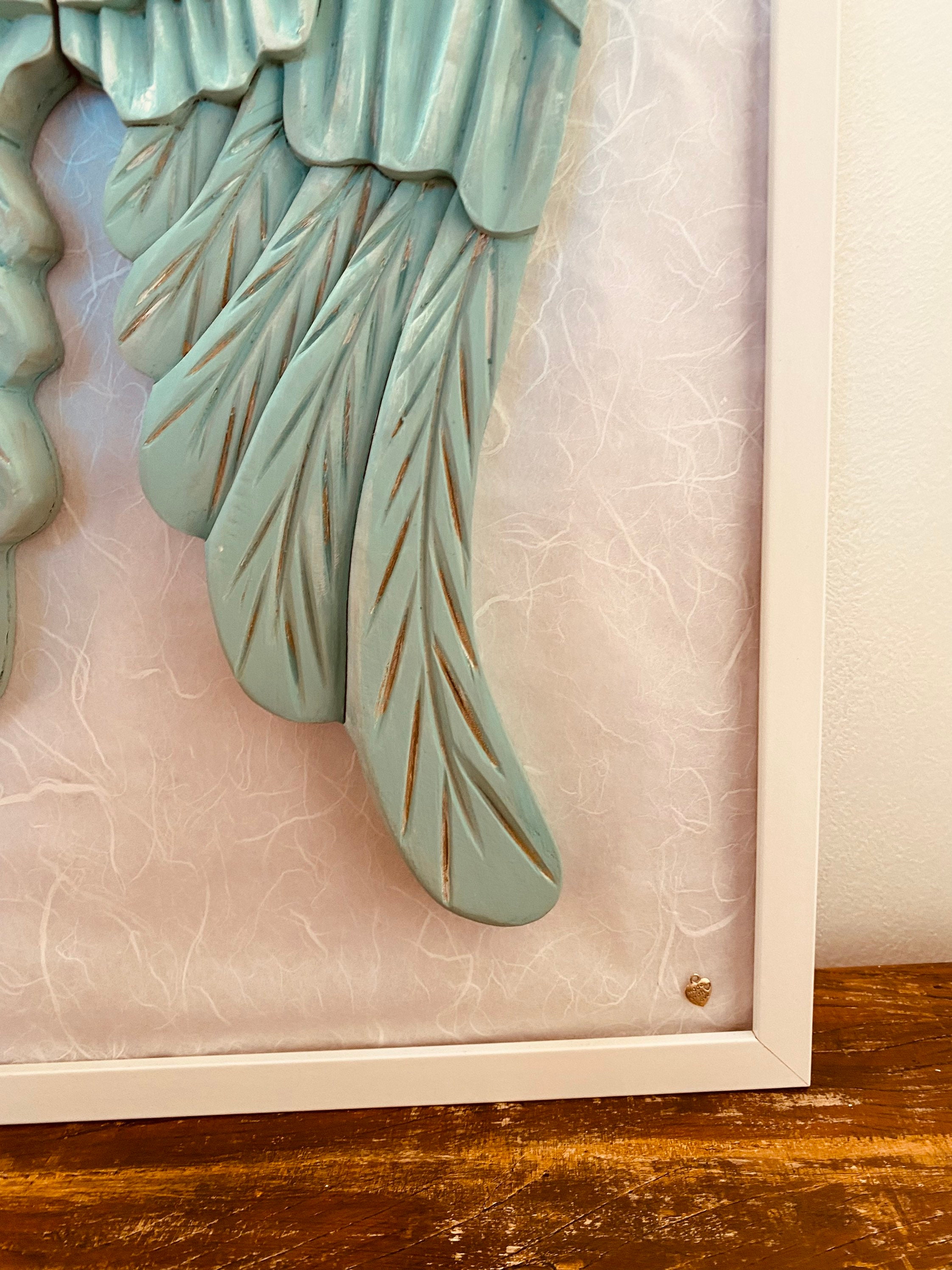 Turquoise Angel Wings White Frame Mulberry Paper Background Hand Carved ...