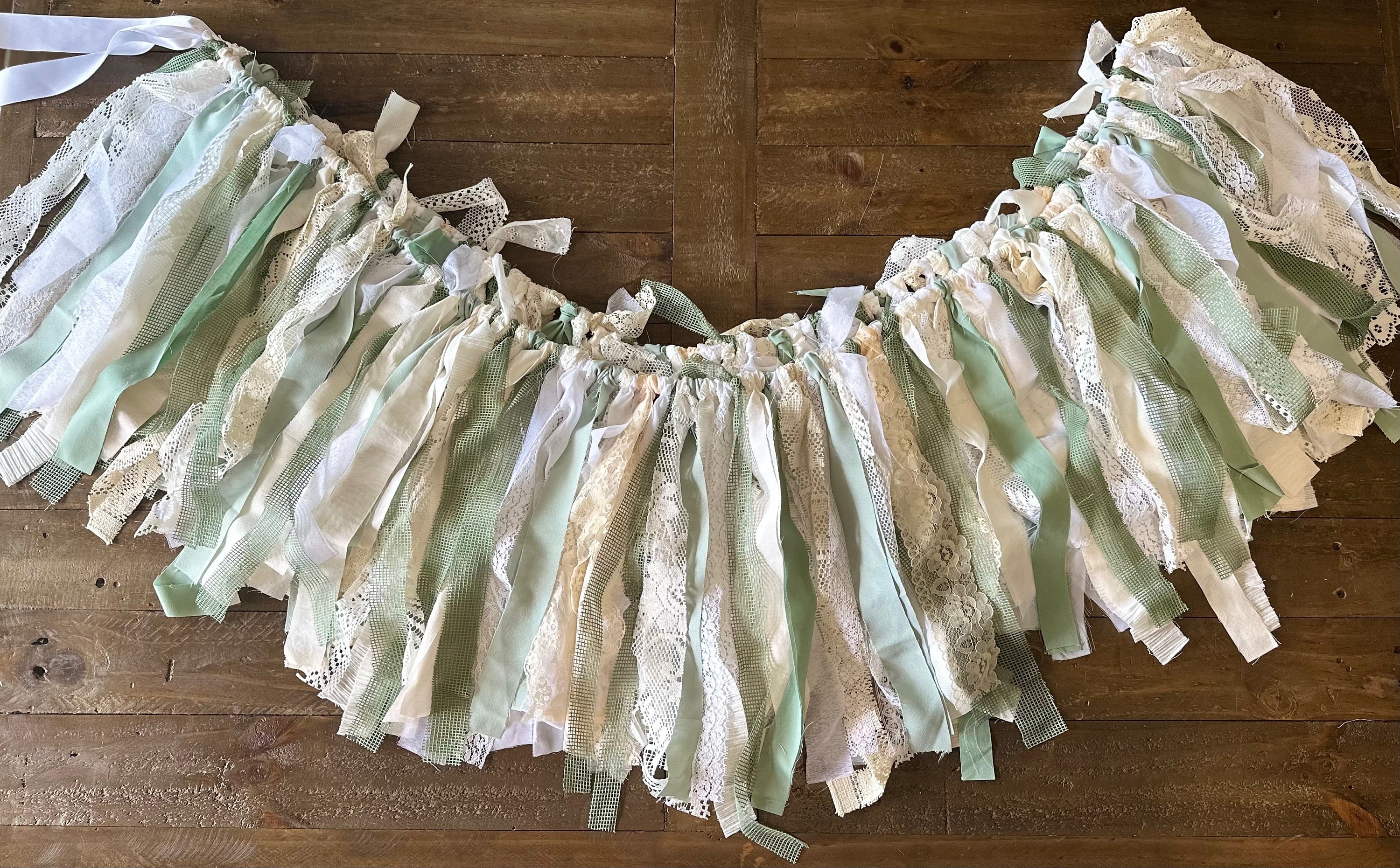 Sage Green Rag Tie Bunting - Vintage Lace and Material - Wedding - Baby ...