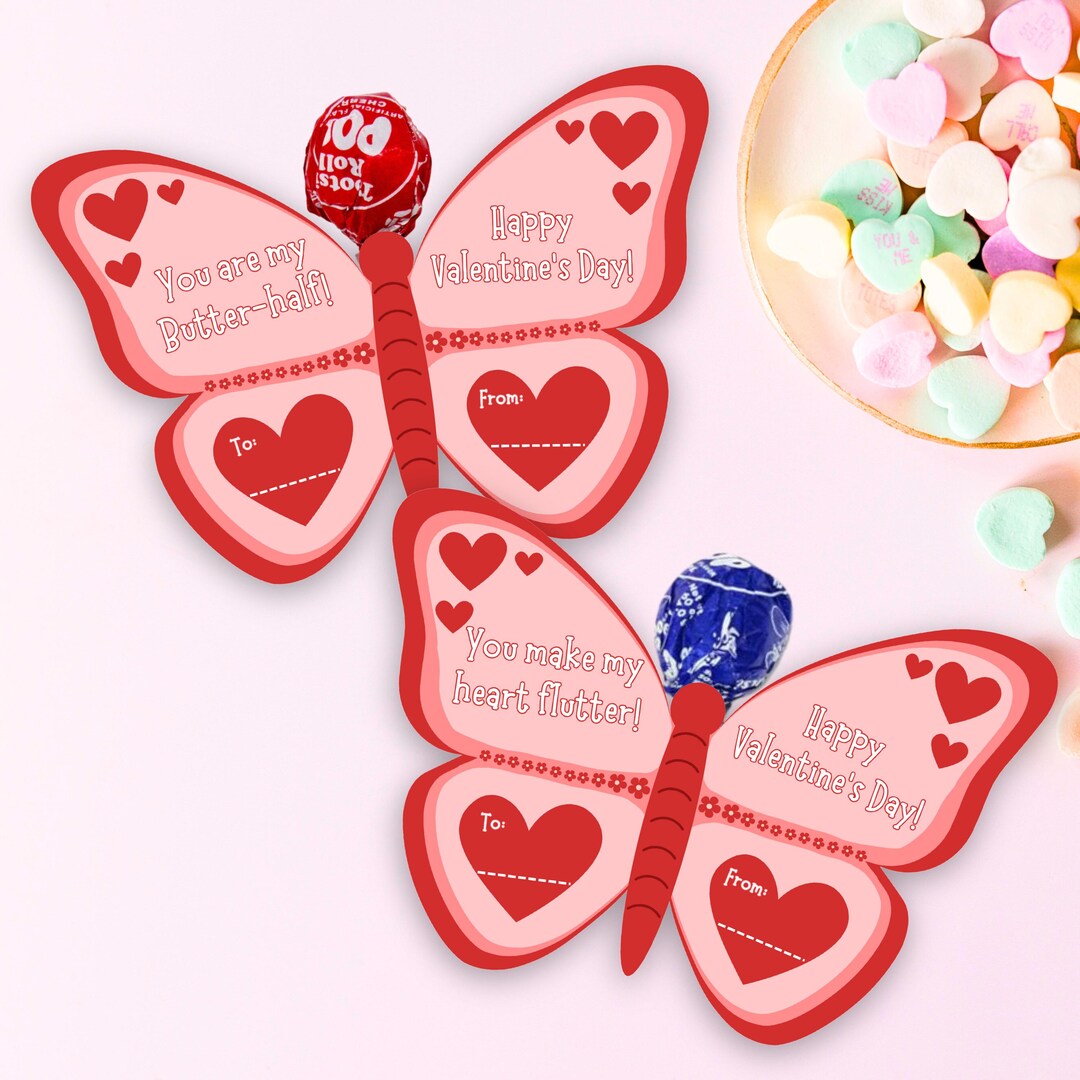 PRINTABLE Kids Valentine's Day Cards | Butterfly Lollypop Valentine ...