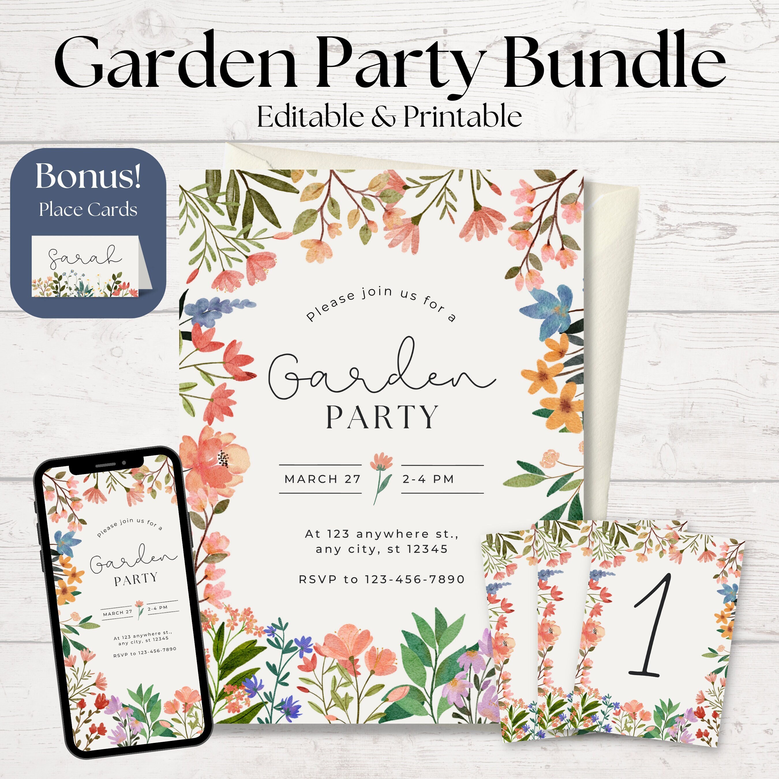 EDITABLE Wildflower Garden Party Bundle Invitation, Digital Invitation ...