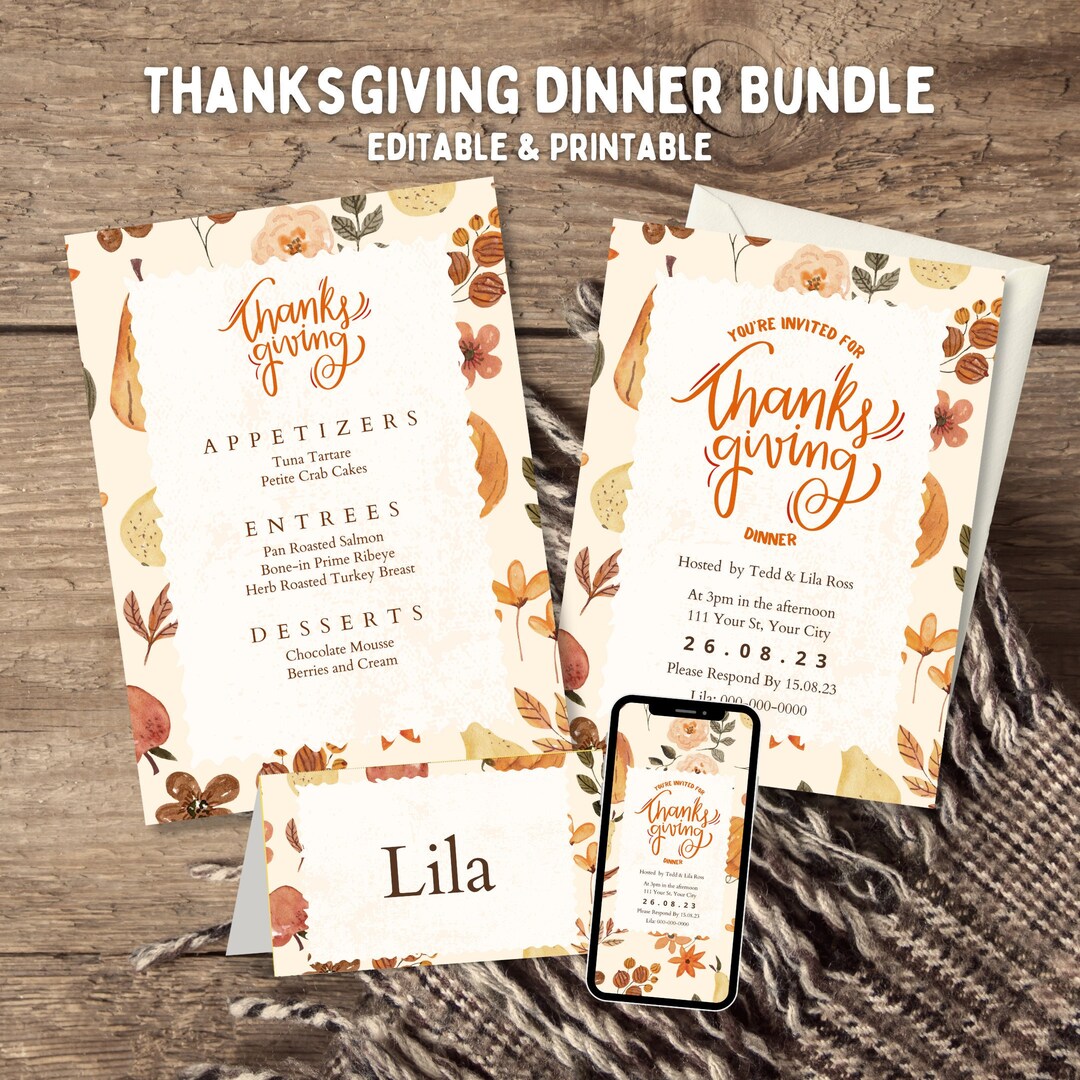EDITABLE AND PRINTABLE Thanksgiving Dinner Template Bundle Includes ...
