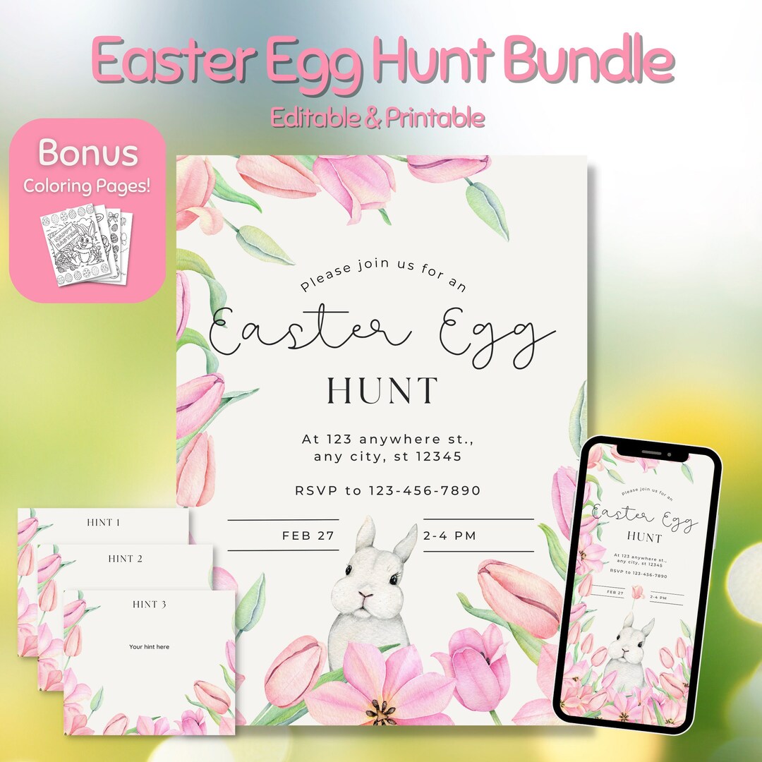 Editable Easter Egg Hunt Bundle Includes Invitation, Virtual Invitation ...