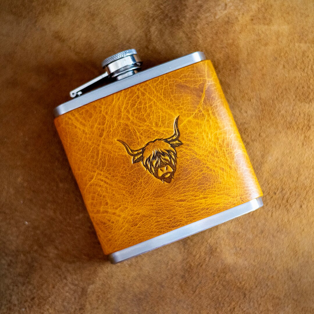 Handmade Leather Hip Flask: Highland Cow Design, Personalized Steel ...