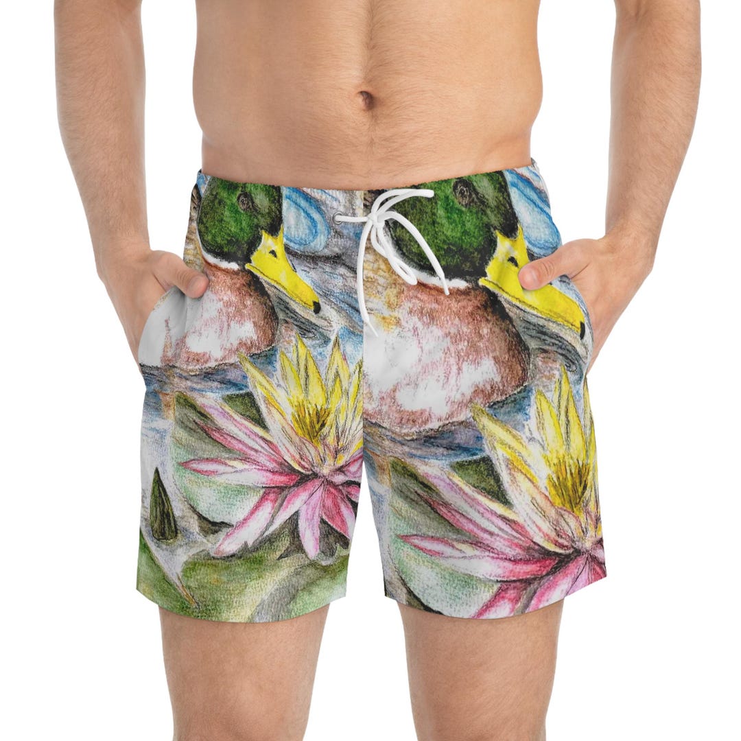 Duck and Water Lily Artwork Watercolor Print Men's Swim Trunks, Pond ...