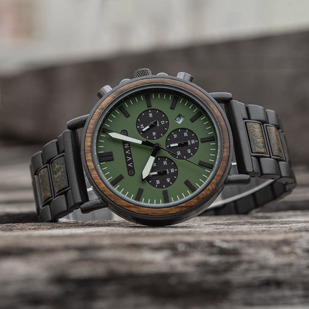 Engraved Wood Watch; Explorer S - 44mm (green Sandalwood & Black Steel ...