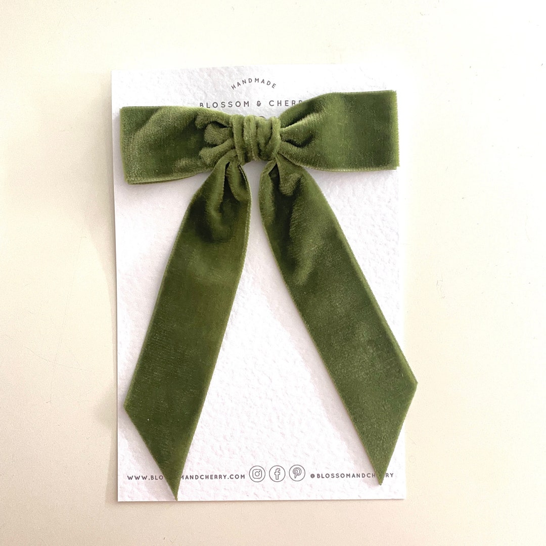 Moss Green Velvet Long Tail Hair Bow, Chunky Velvet Hair Tie, Velvet ...