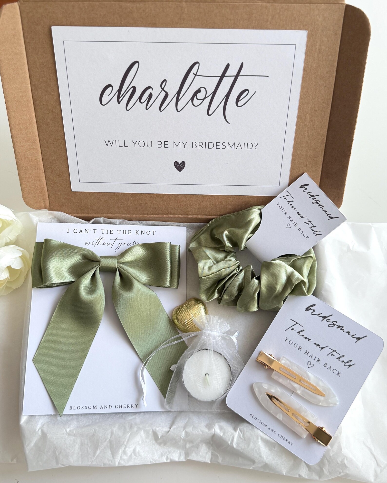Bridesmaid Proposal Gift Box: Sage Green Satin Bow Set, Personalized ...