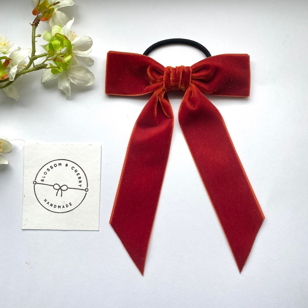 Rust Velvet Hair Bow, Velvet Long Tail Hair Bow, Velvet Hair Tie ...