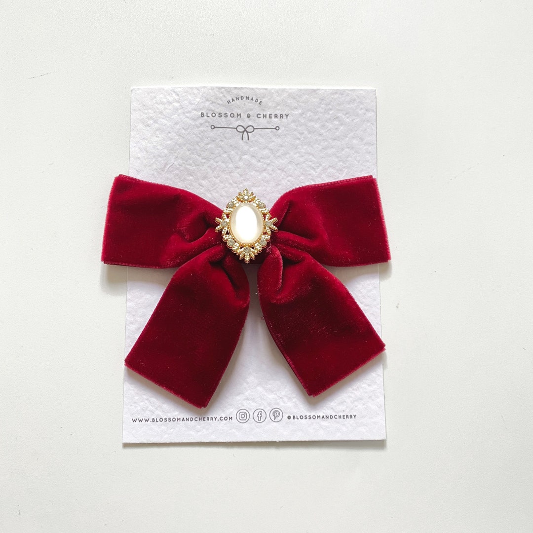 Velvet Hair Bow Clip, Dark Red Double Velvet Bow Hair Clip, Pearl ...