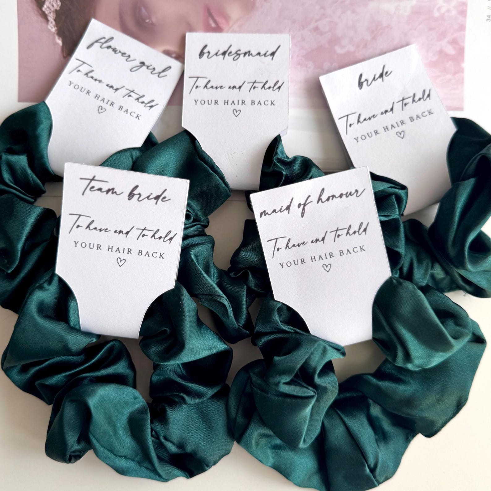 Dark Green Bridesmaid Proposal Gift, Satin Scrunchie With Bridal Tag ...