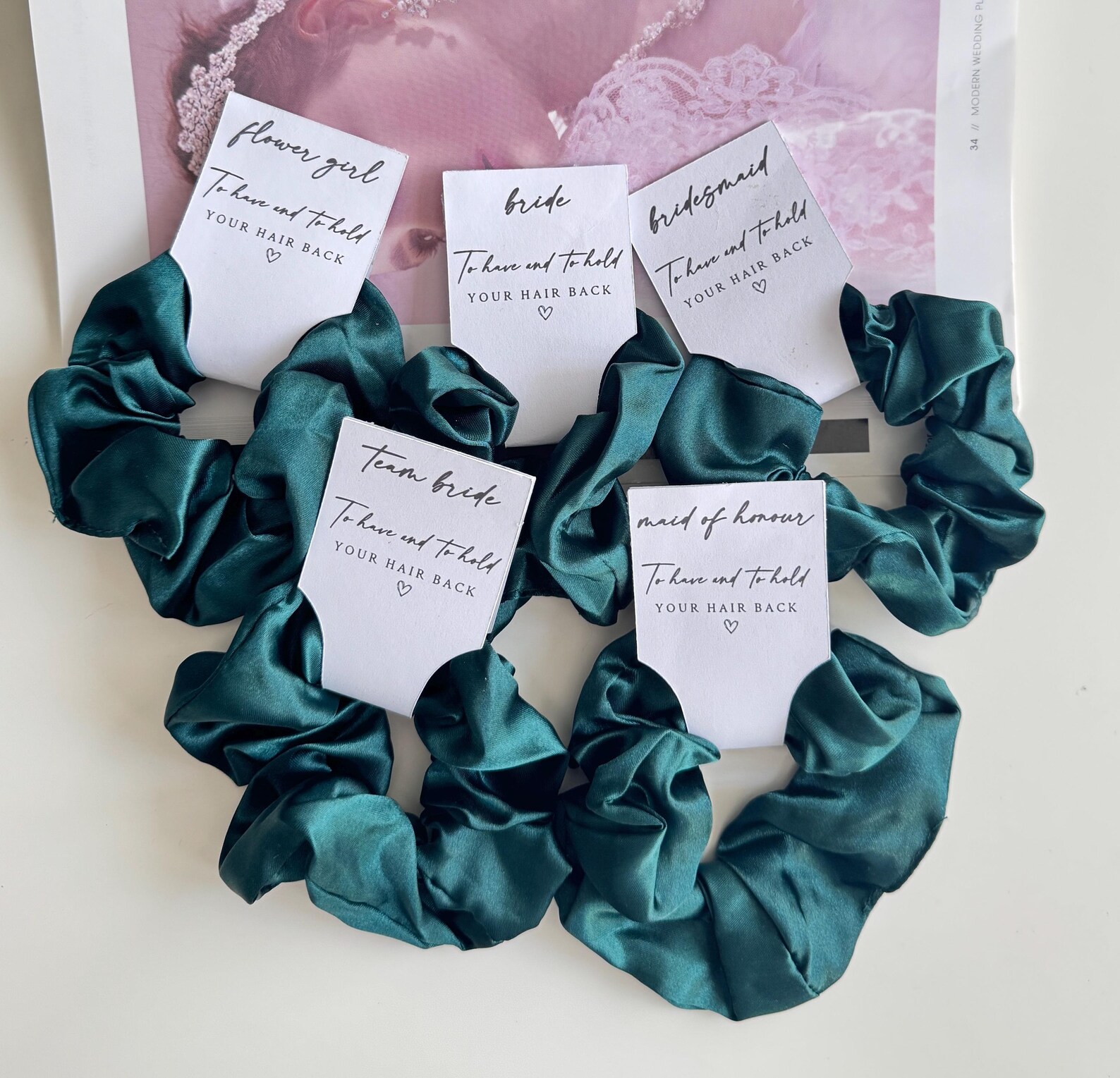 Dark Green Bridesmaid Proposal Gift, Satin Scrunchie With Bridal Tag ...