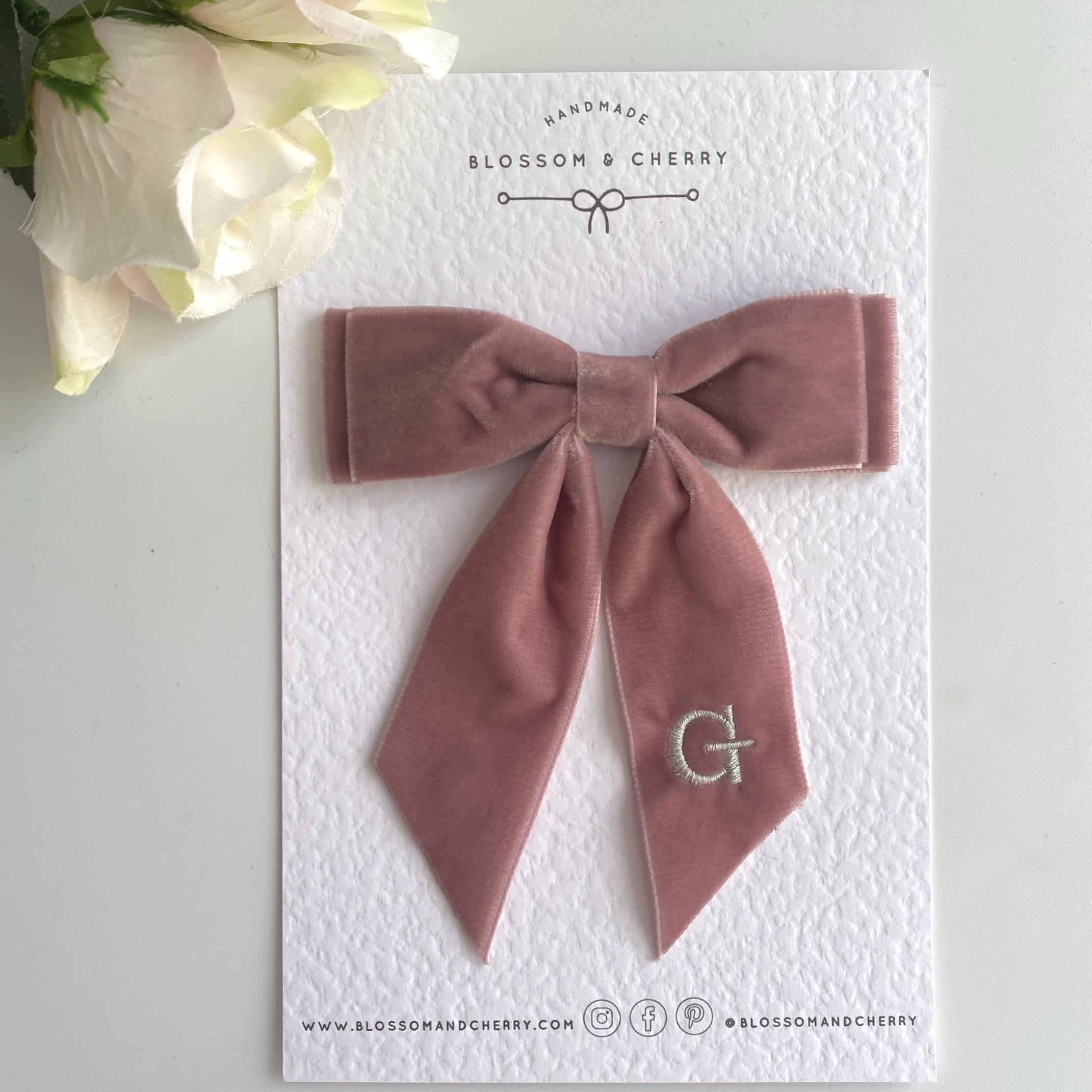 Personalised Velvet Hair Bow, Monogram Initial Velvet Short Tail Bow ...