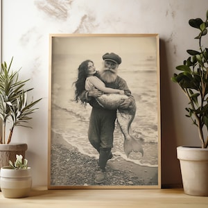 Mermaid Vintage Wall Art Couples Print Quirky Bathroom Accessory Fun ...