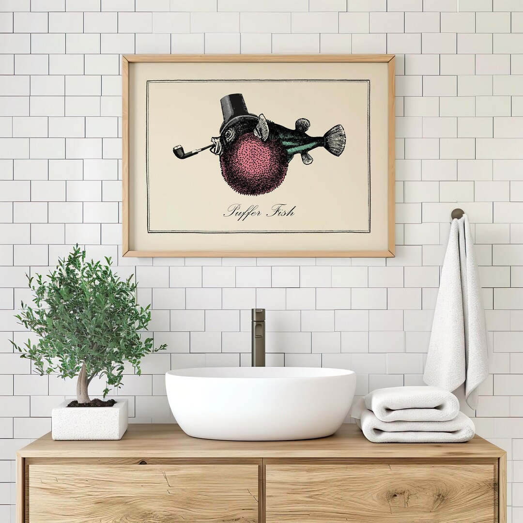 Funny Vintage Fish Print Surreal Collage Puffer Fish Quirky Vintage Art ...