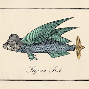 Funny Vintage Fish Print Surreal Joke Flying Fish Quirky Vintage Art ...