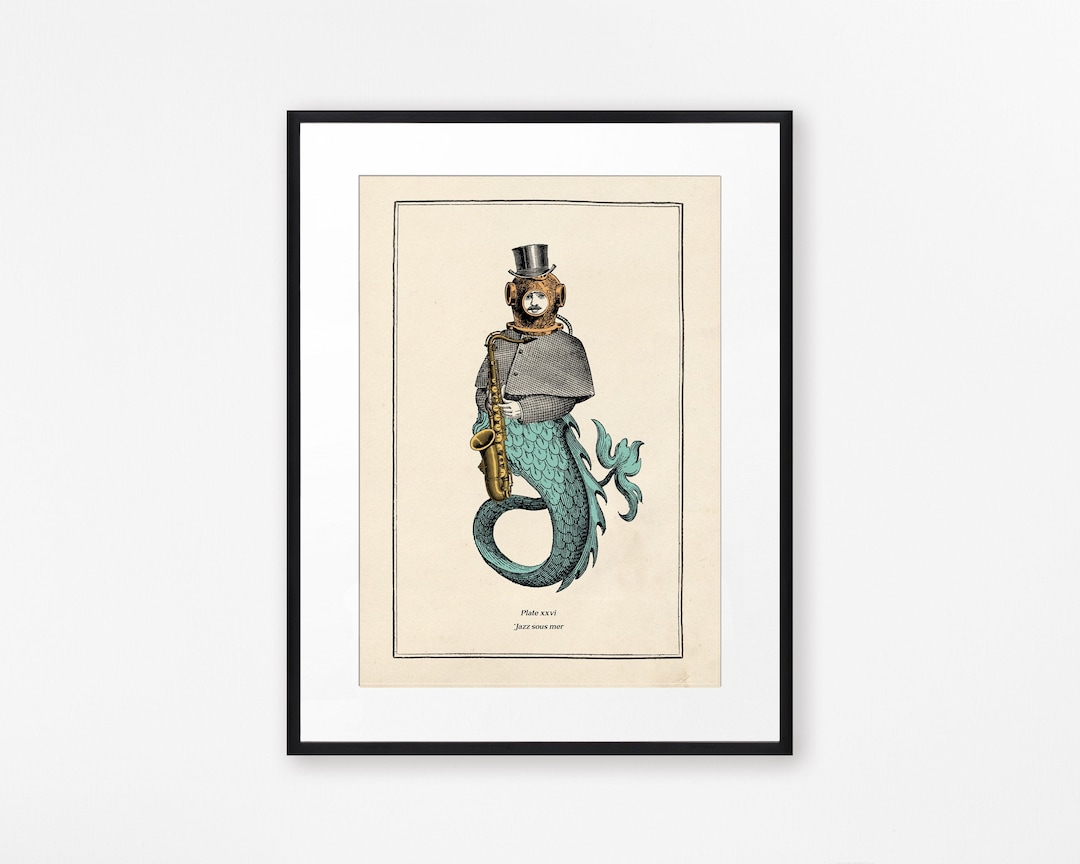 Funny Bathroom Merman Print Vintage Surreal Musical Wall Art Gothic ...