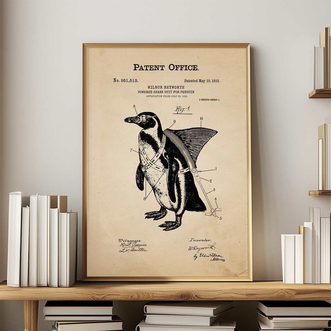 Funny Patent Print Penguin Gift for Teacher Wall Art Eclectic Home ...