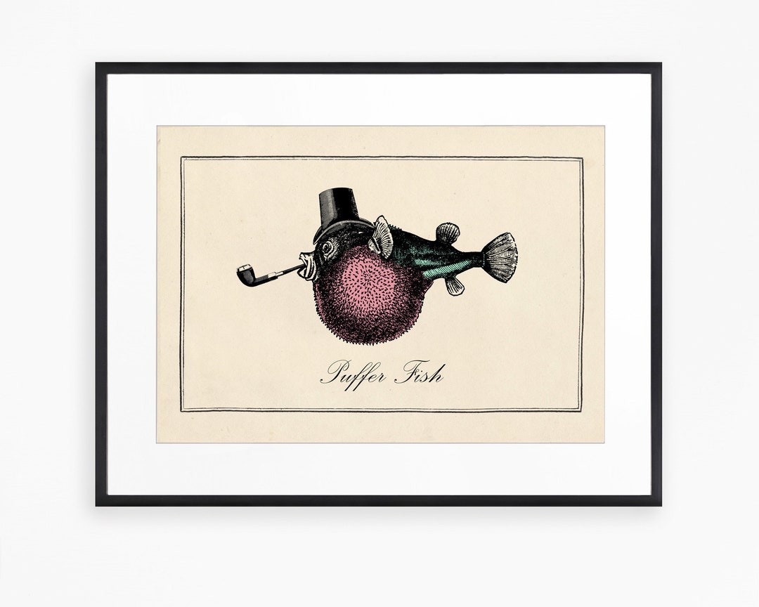 Funny Vintage Fish Print, Surreal Joke Puffer Fish, Quirky Vintage Art ...