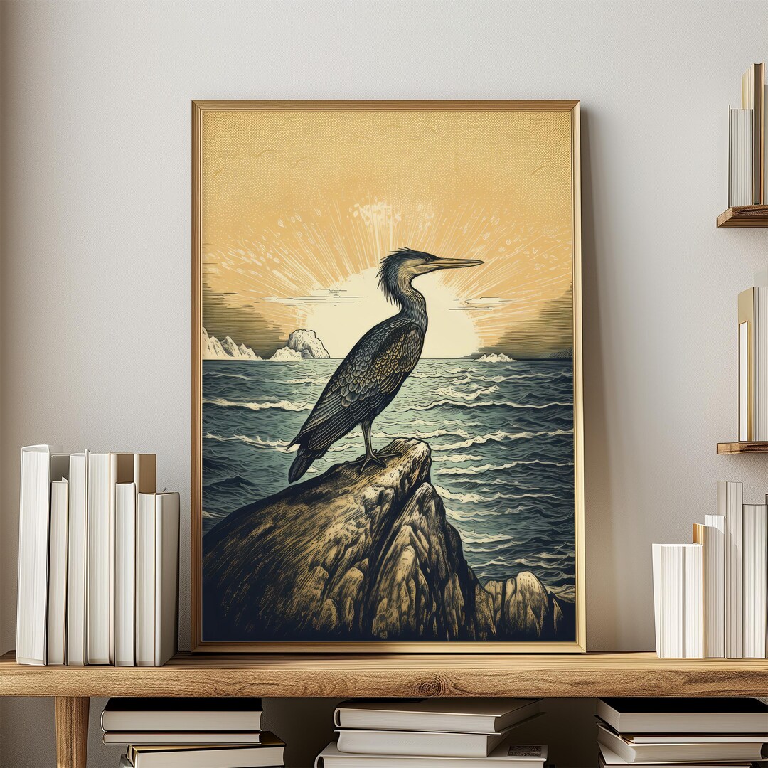Coastal Wall Art Bird Print Beach House Decor Linocut Cormorant Art ...