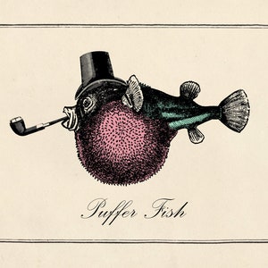 Funny Vintage Fish Print, Surreal Joke Puffer Fish, Quirky Vintage Art ...