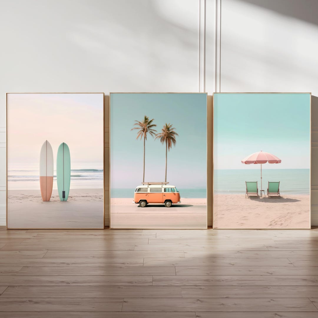 Retro Surf Posters Beach Art Print Set of 3 Pastel Summer Prints for ...