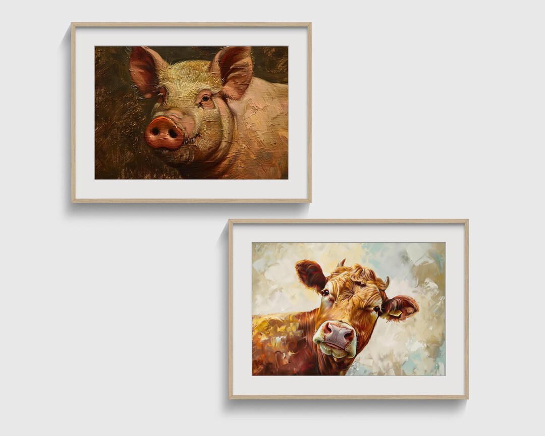 Rustic Animal Decor Farmhouse Style Cow Print Pig Artwork Country Home ...