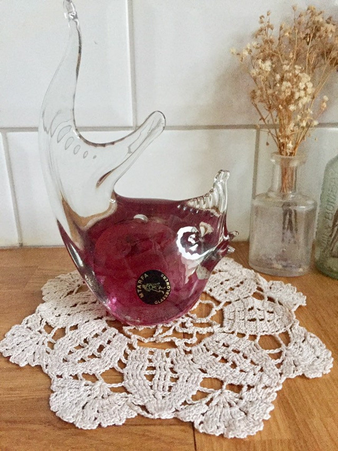 Vintage Mtarfa Blown Glass Fish Paperweight, Burgundy & Clear - Etsy