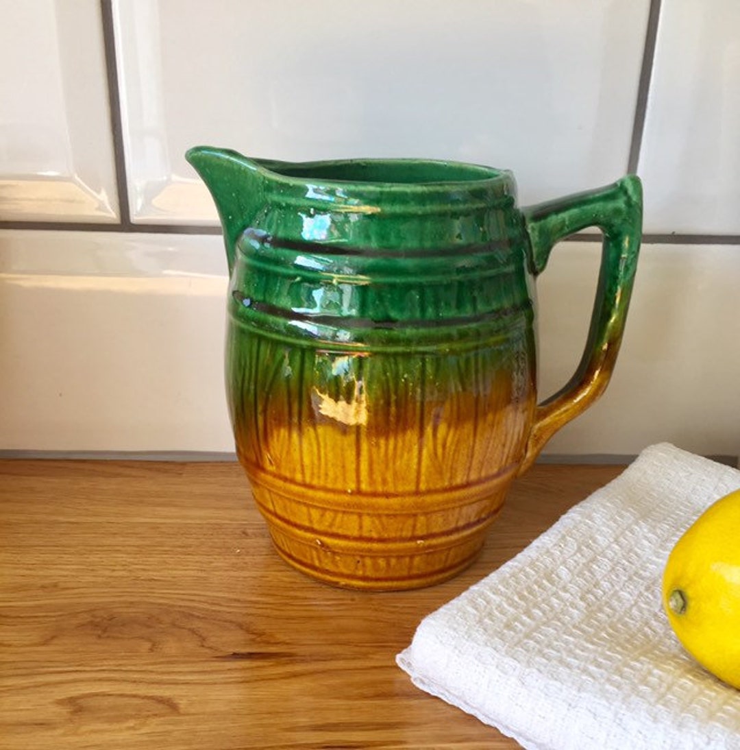 Vintage Green Ceramic Barrel Jug. - Etsy