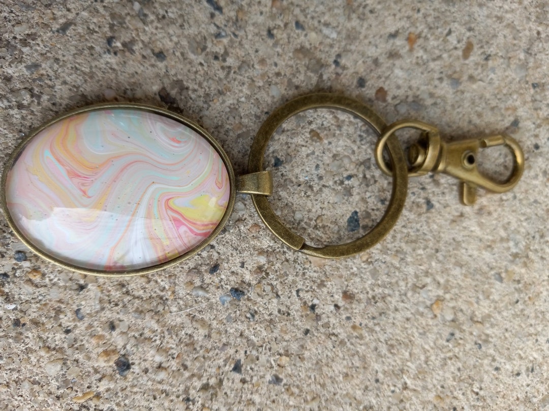 Cute Paint Pour Oval Keychain, Fluid Art Keychain With Rainbow of ...