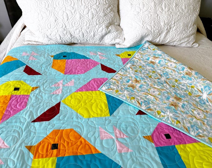 Handmade Quilt, Bright Colorful Birds in Tropical Colors, Vivid Fresh ...