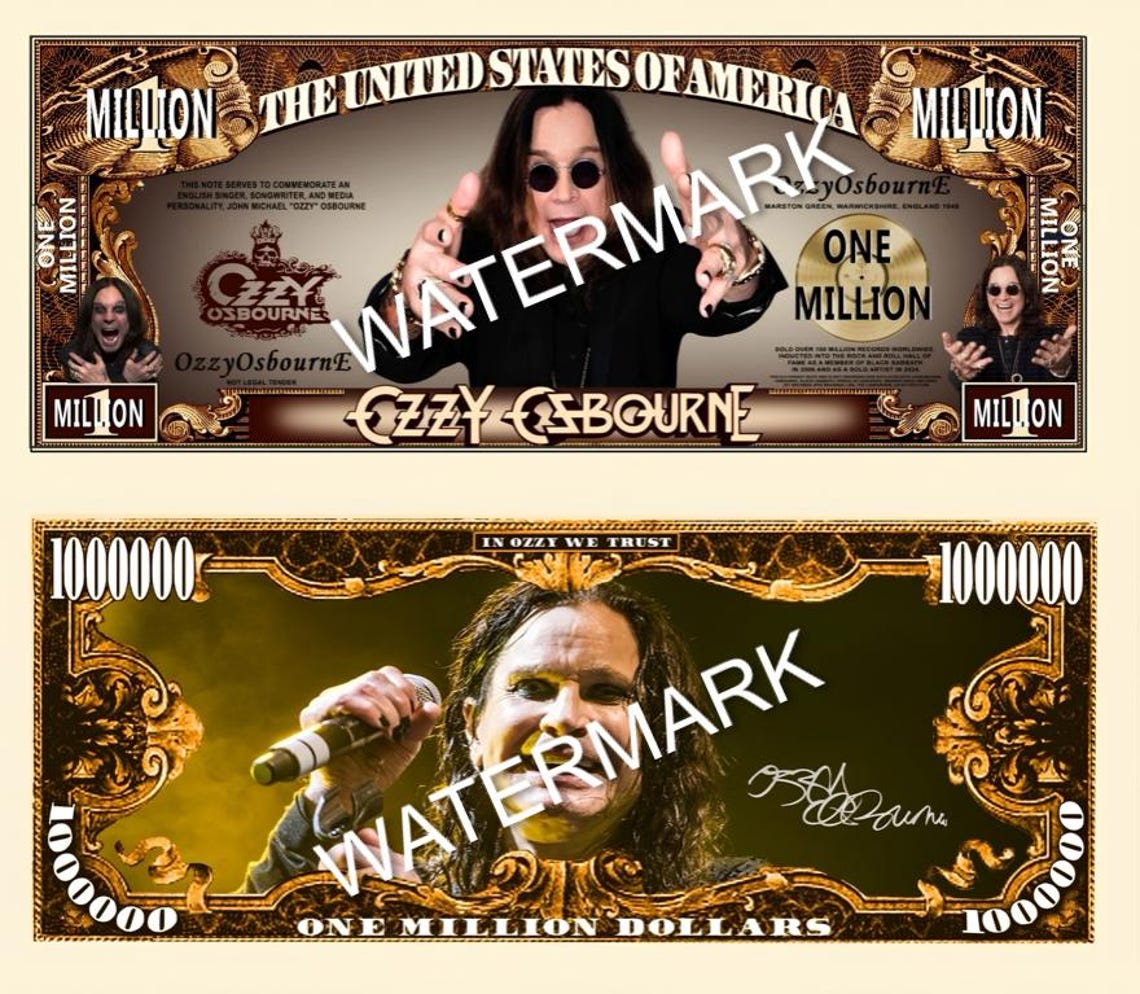 OZZY Osborne One Million Dollar Black Sabbath Dollars Novelty Bank Note ...