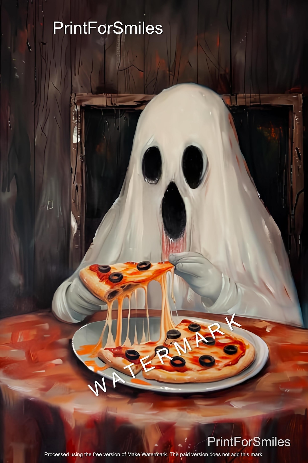 Lot of 2 Pictured Ghost Eating Pizza, Ghost in Kitchen Old Fashion ...