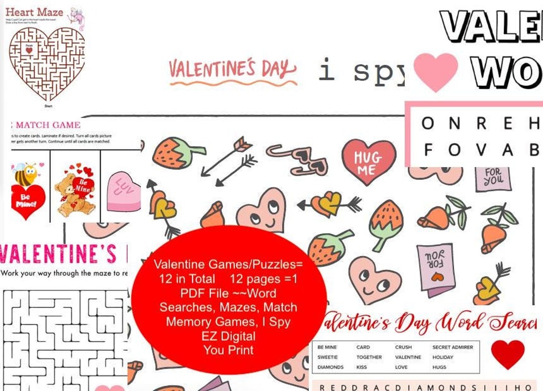 12 Valentines Day Word Searches Mazes I Spy Match Games 12 Pages 1 Pdf ...