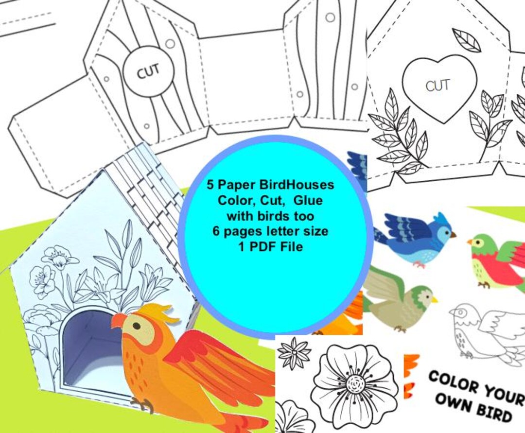 5 Paper Birdhouse Coloring,spring Paper Craft,printable Paper Houses ...
