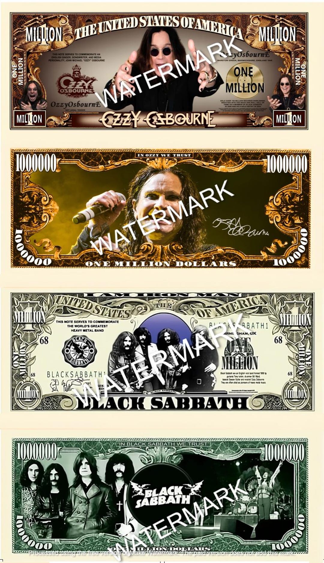 OZZY Osborne One Million Dollar Black Sabbath Dollars Novelty Bank Note ...