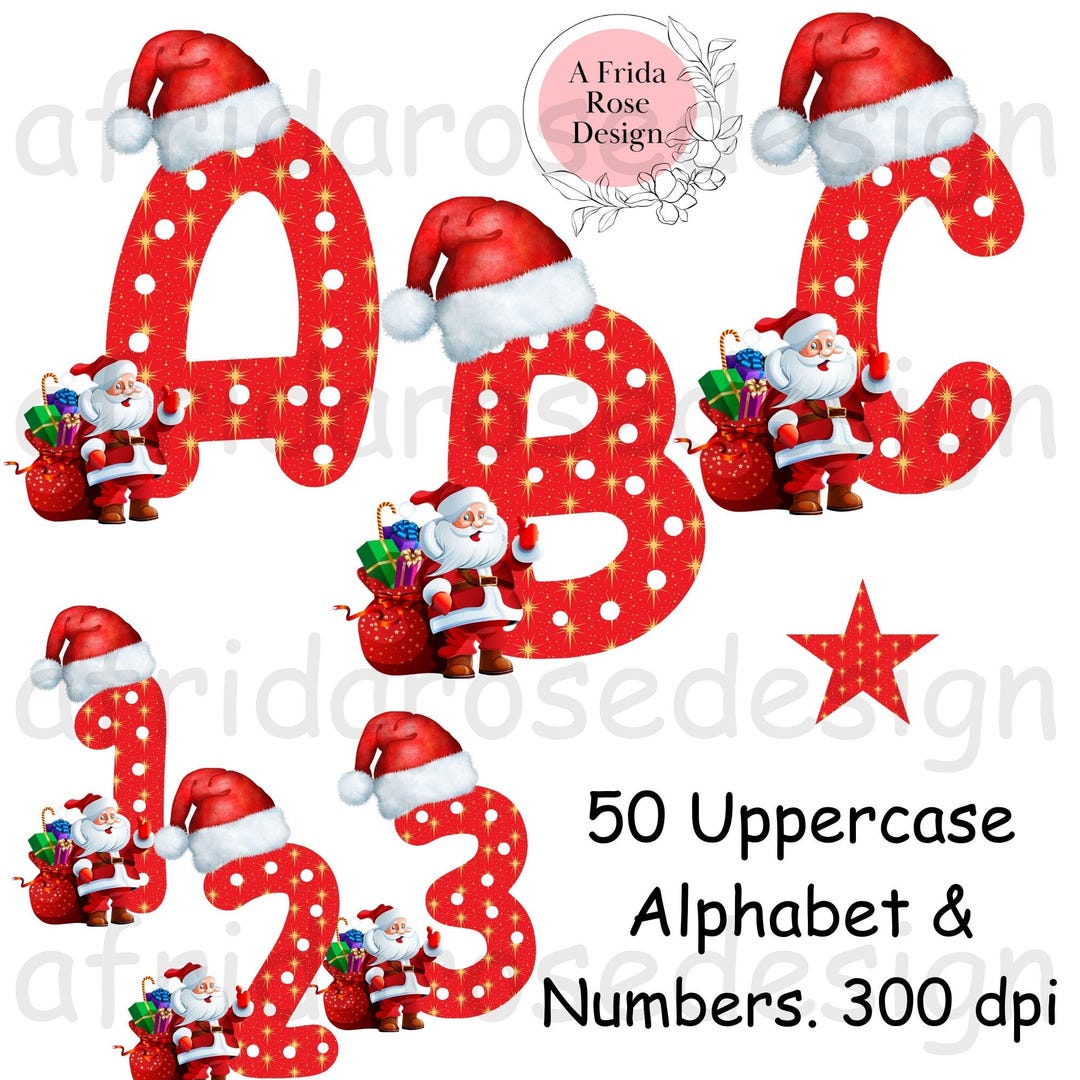 52 Digital Clipart A-Z Santa Claus Christmas Uppercase & Numbers ...