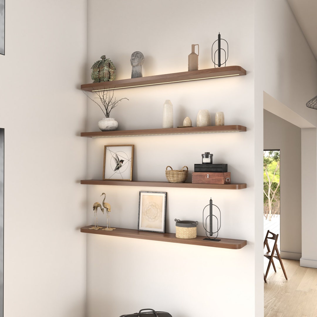 Walnut Radius LED Lighted Floating Shelf, Bar Shelves, Recessed Light ...