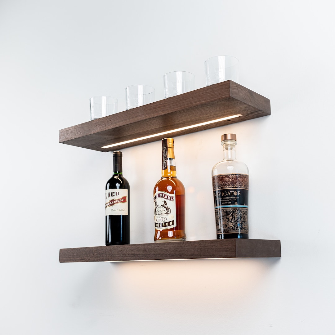 Walnut LED Floating Shelves, Lighted Bar Shelving, Wood Floating Shelf ...