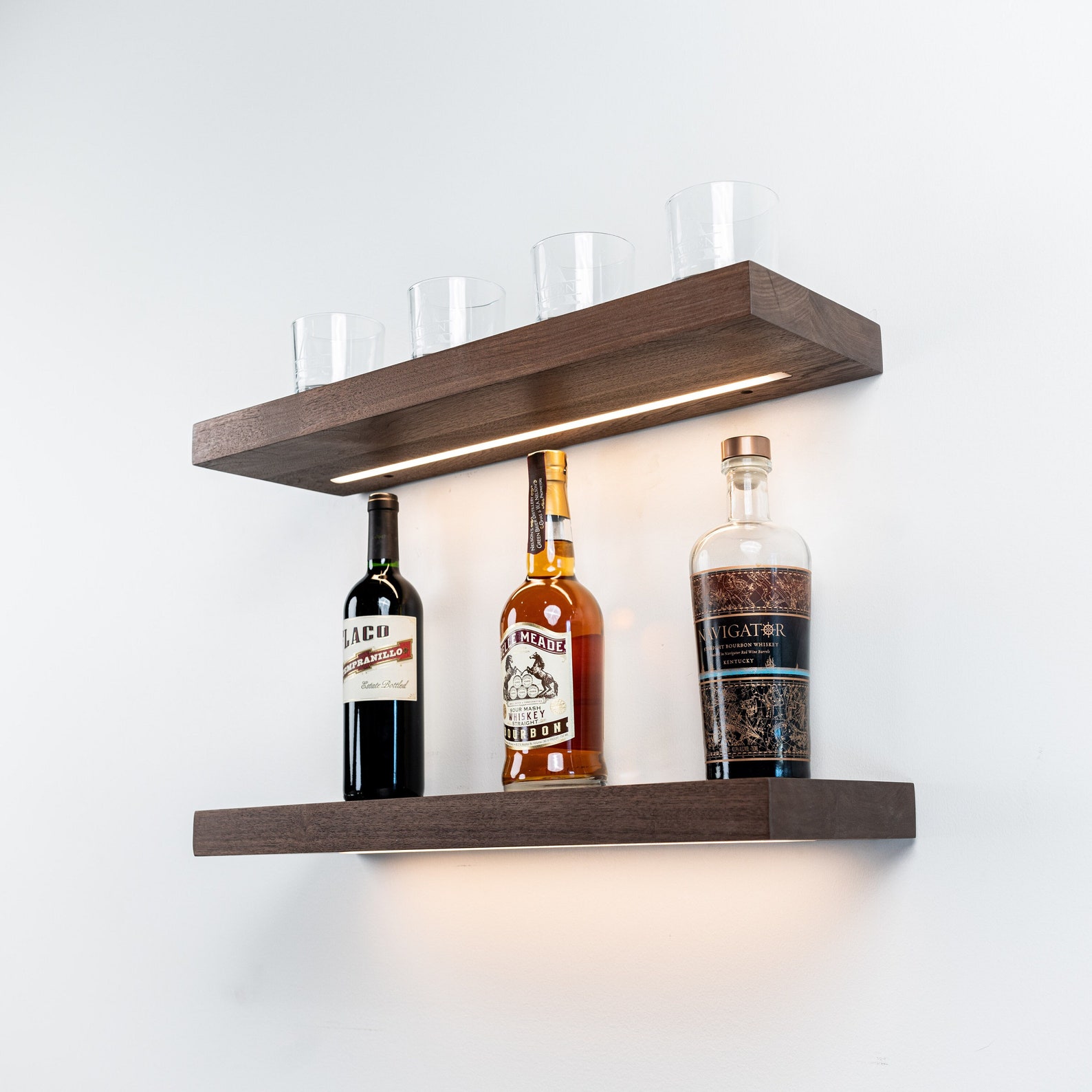 Walnut LED Floating Shelf, 1.625" Thick Lighted Bar Shelving, Custom ...