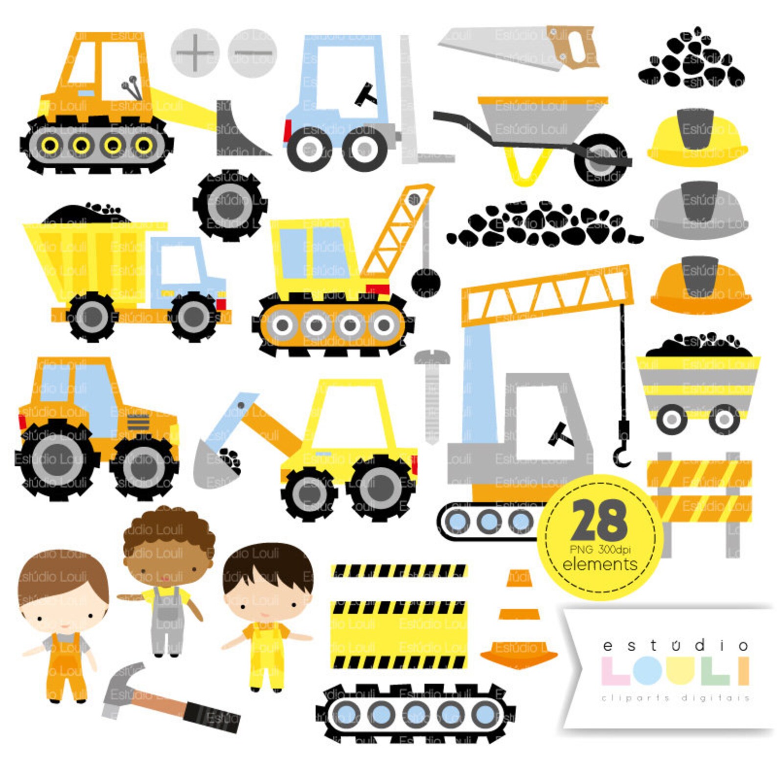 Construction Clipart, Tractor, Excavator, Bulldozer, Crane ...