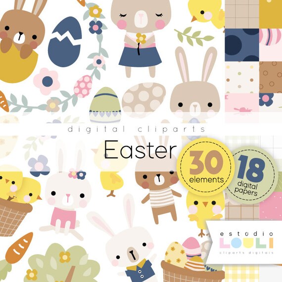 Easter Bunny Clipart and Digital Paper Set - Etsy