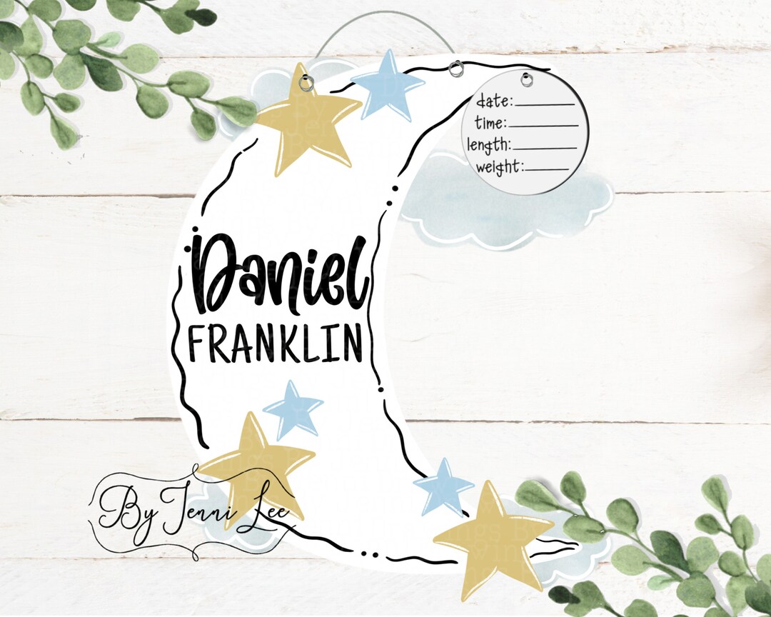 Moon and Stars Hospital Birth Announcement Door Hanger, Nursery Name ...