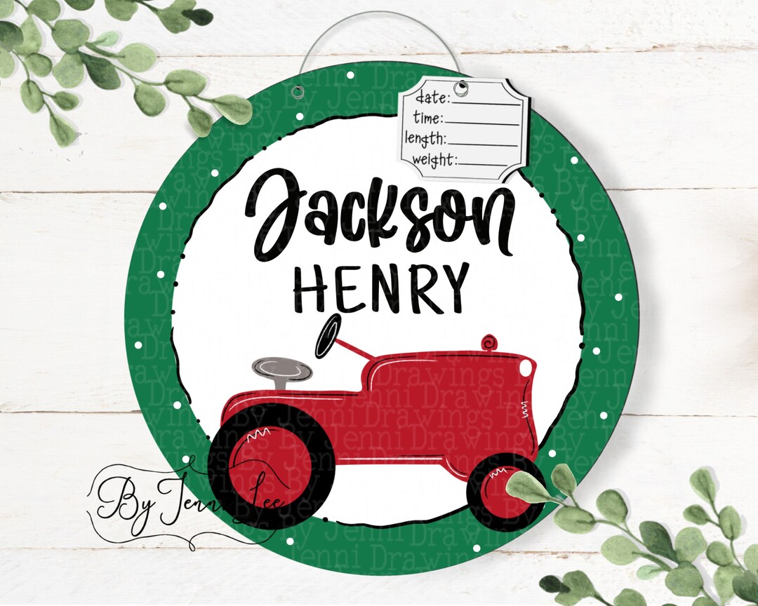 Red Tractor Hospital Birth Announcement Door Hanger, Farm Nursery Sign ...